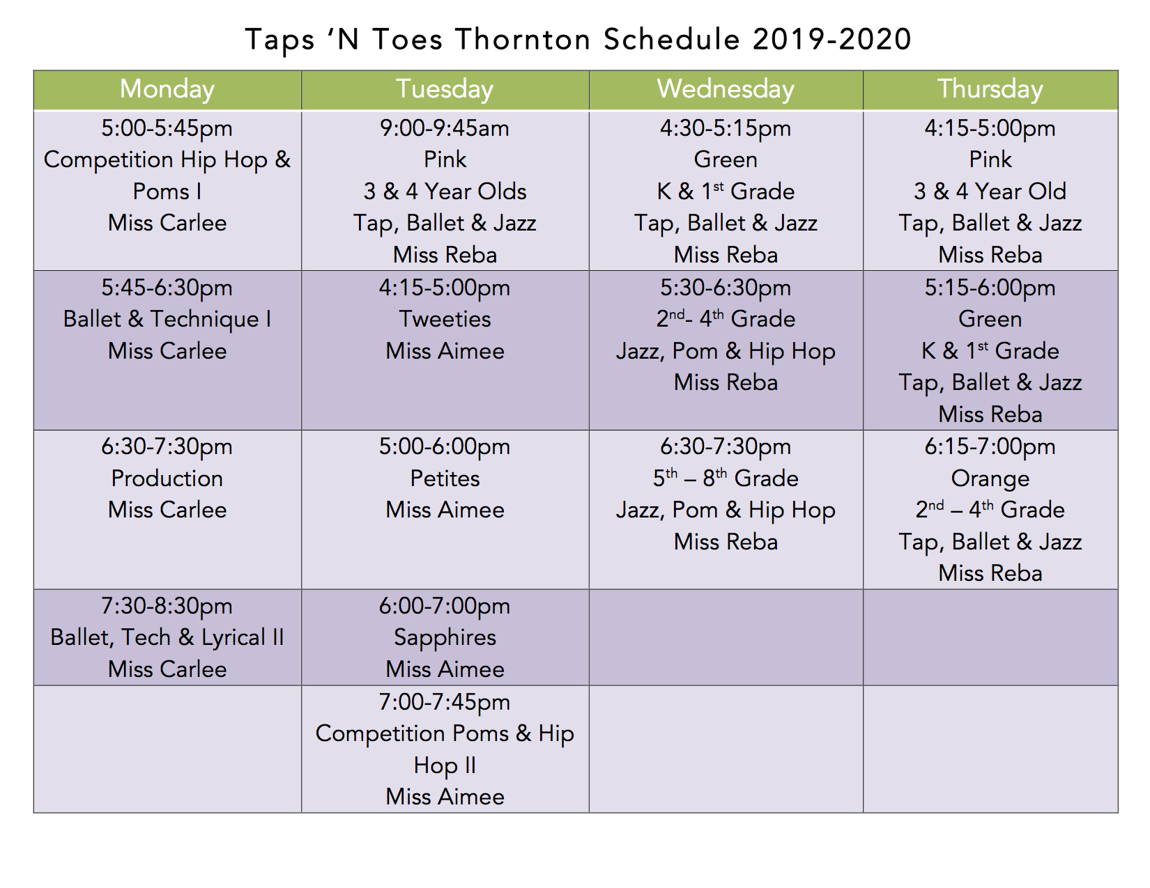 Taps ‘N Toes Thornton Schedule 2019-20 copy – Taps 'N Toes Dance Studio